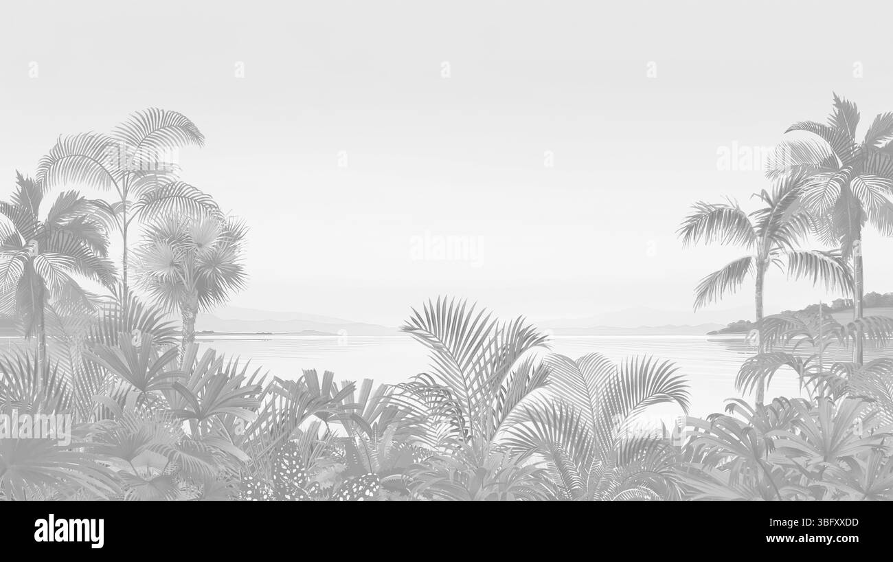 Grayscale Tropical Beach Wallpaper: Monochromatic Palms & Ocean View ...