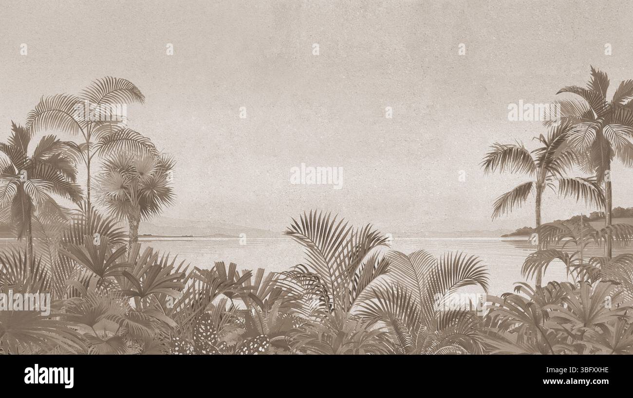 Vintage Tropical Beach Wallpaper: Muted Palm Trees & Coastal Landscape ...
