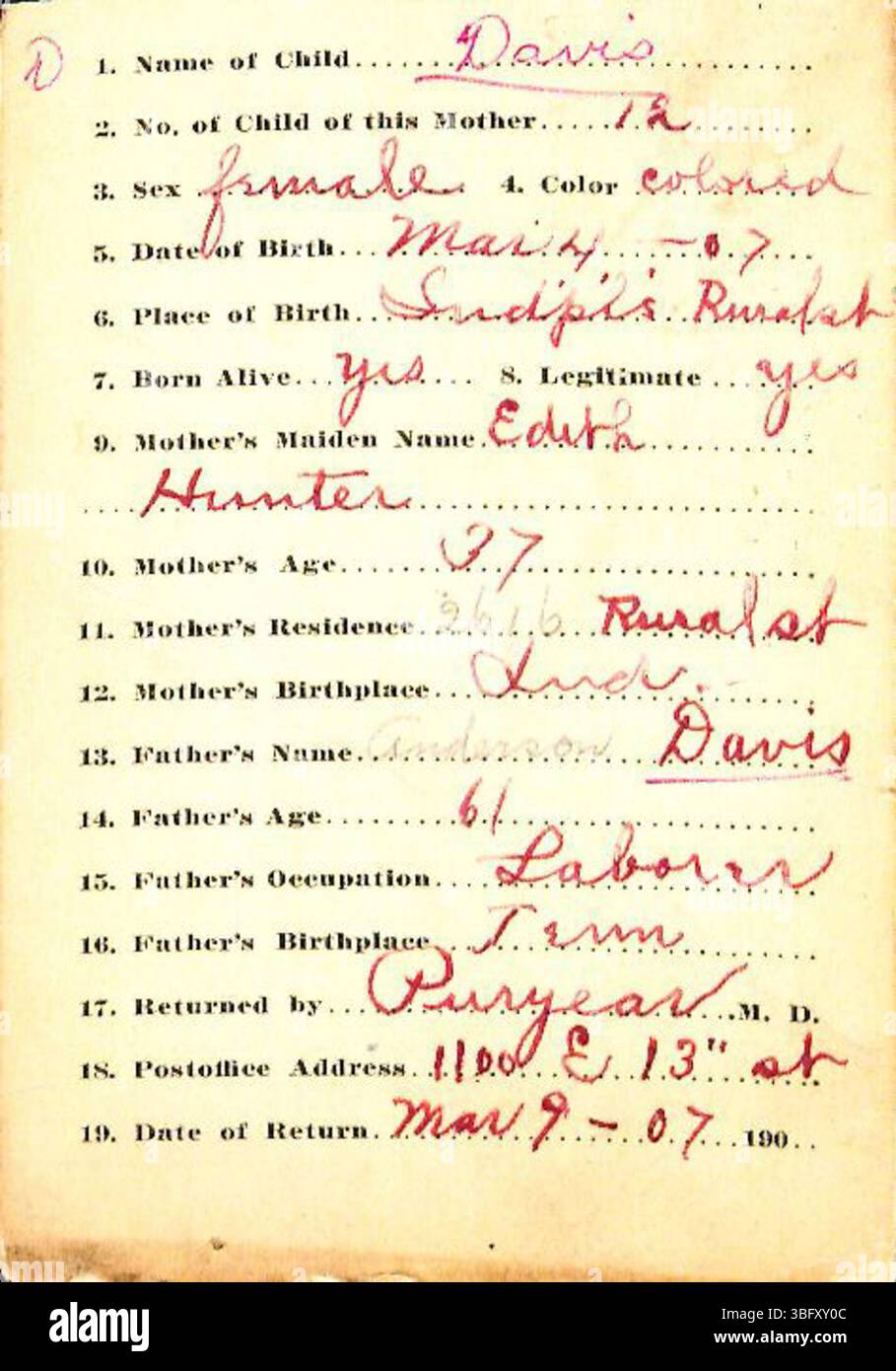 Birth returns with surnames D from Marion County, Indiana, dated 1882 ...