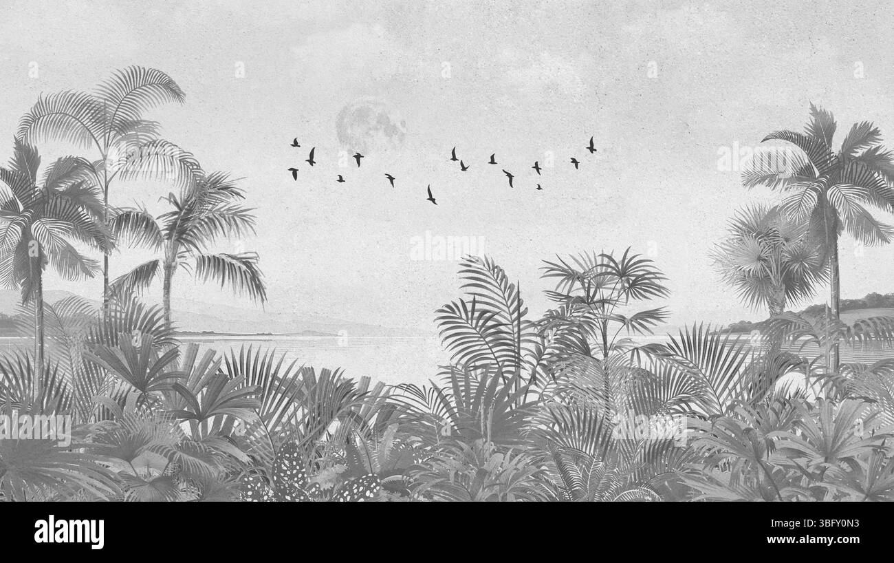 Muted Grayscale Tropical Wallpaper: Birds Over Palms & Coastal ...