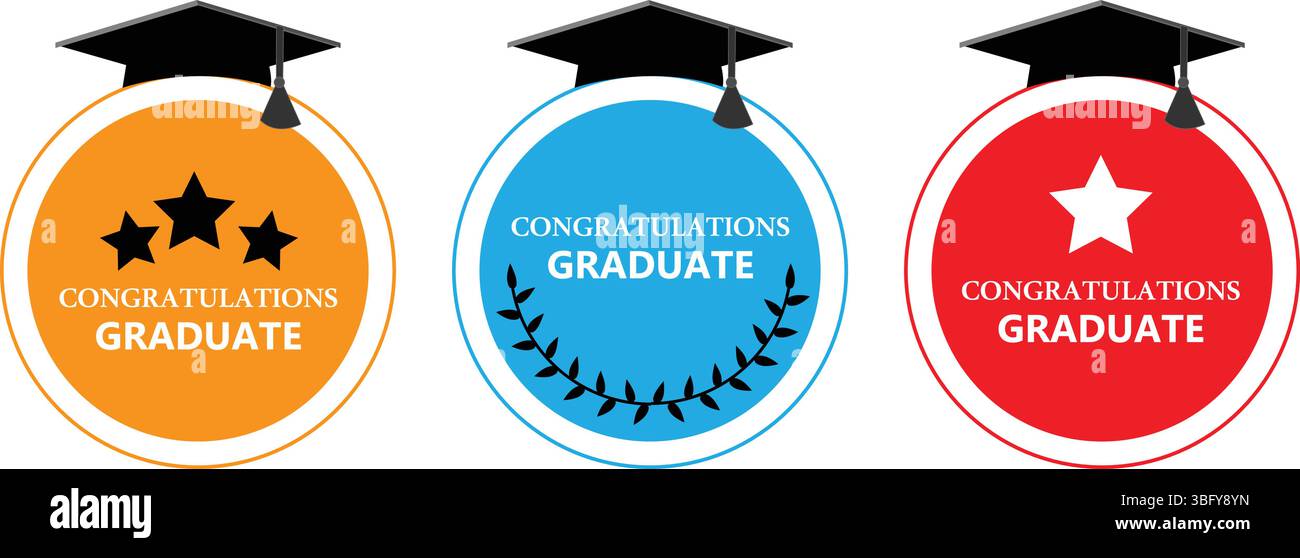 Graduation Badge Icon Set with Cap and Congratulations Text Stock ...