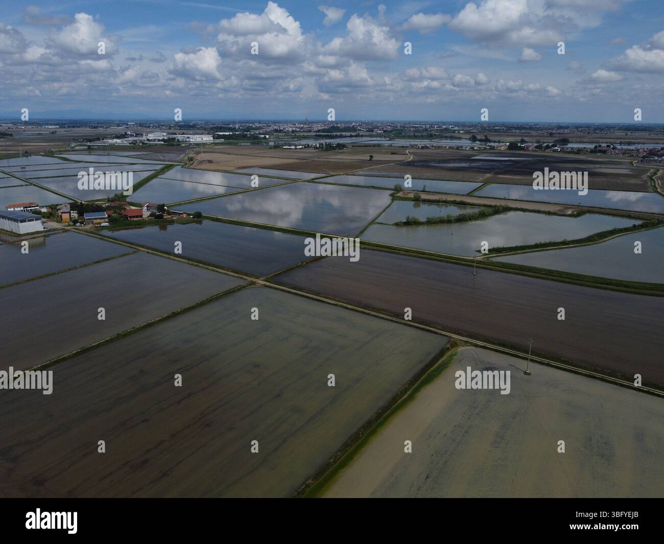 Drone view of Novara’s countryside with flooded rice fields reflecting ...