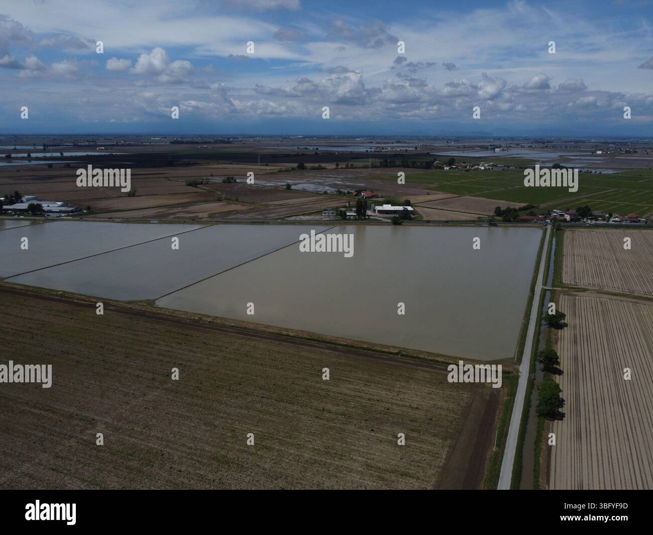 Drone view of Novara’s countryside with flooded rice fields reflecting ...