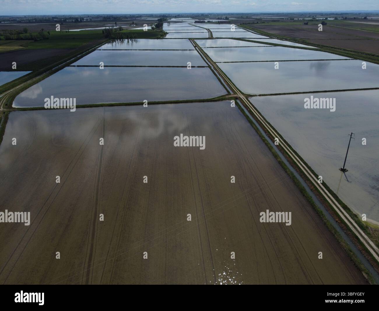 Drone view of Novara’s countryside with flooded rice fields reflecting ...