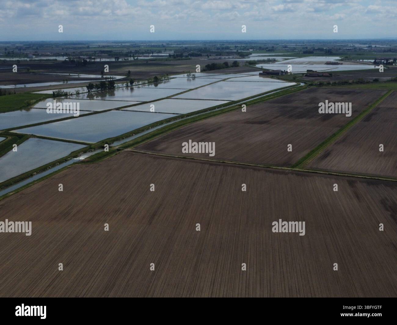Drone view of Novara’s countryside with flooded rice fields reflecting ...