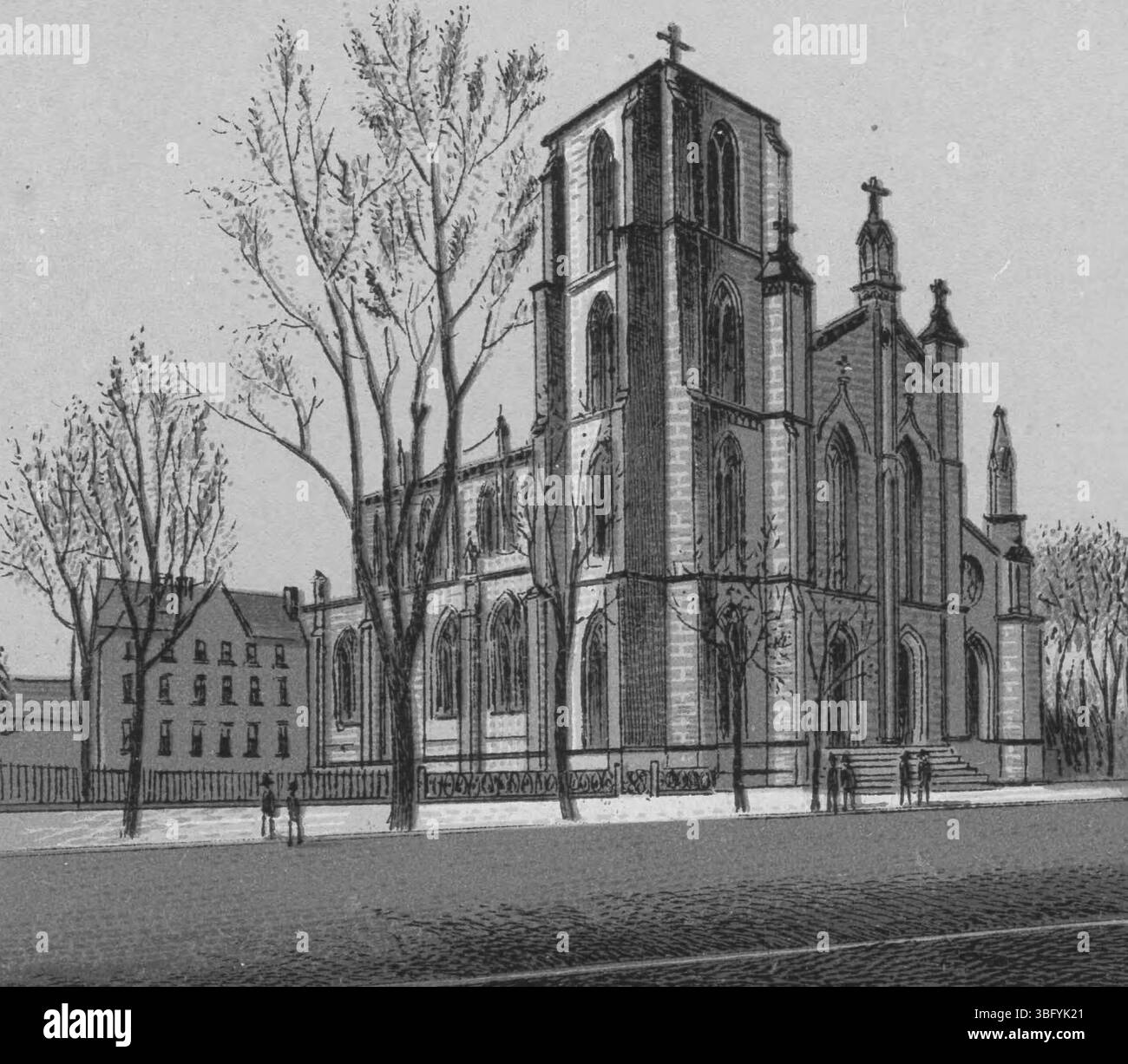 Engraving showing men walking past St. Joseph's Cathedral and Rectory ...