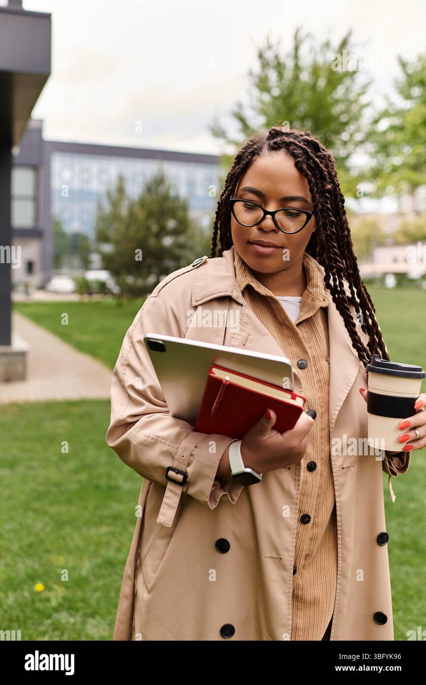 A woman professor is outdoors, holding a tablet and notebook, deep in ...