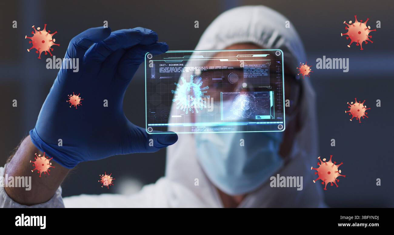 Image of orange virus cells over caucasian male lab worker in safety ...