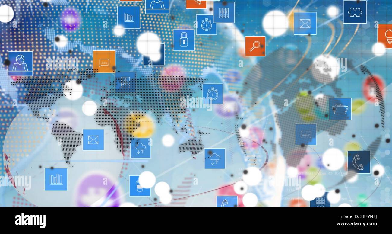 Image of globe, world map and tech icons over blue background Stock ...