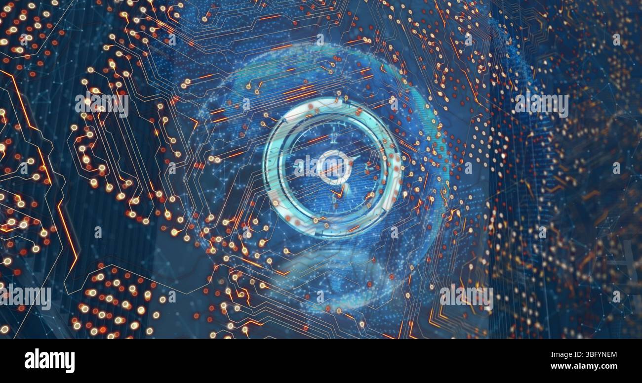 Image of scope scanning and computer circuit board with globe Stock Photo - Alamy