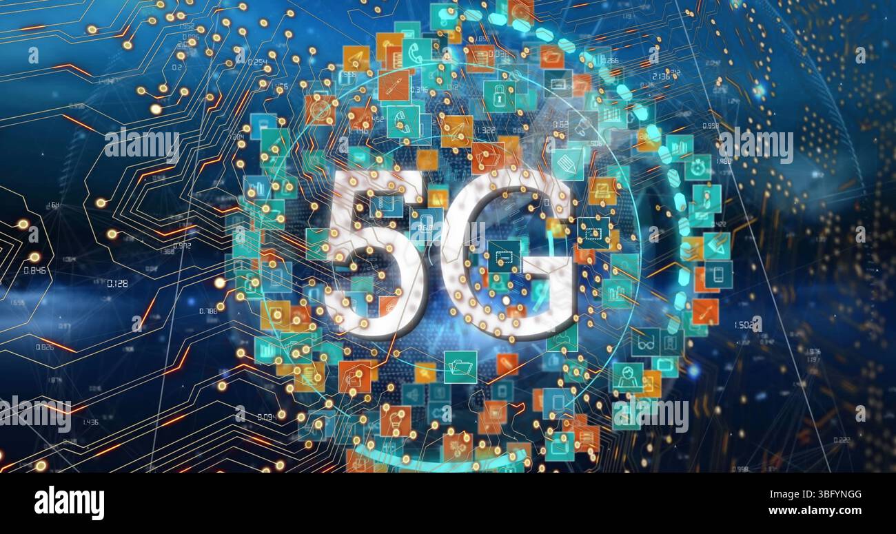 Image of integrated circuit and tech icons over globe with icons, 5g ...