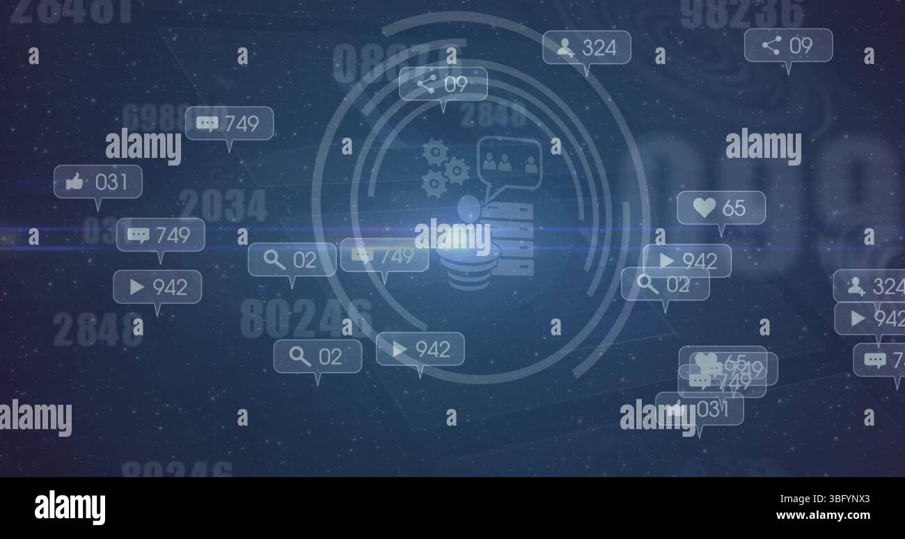 Image of social media reaction and tech icons over digital space with ...