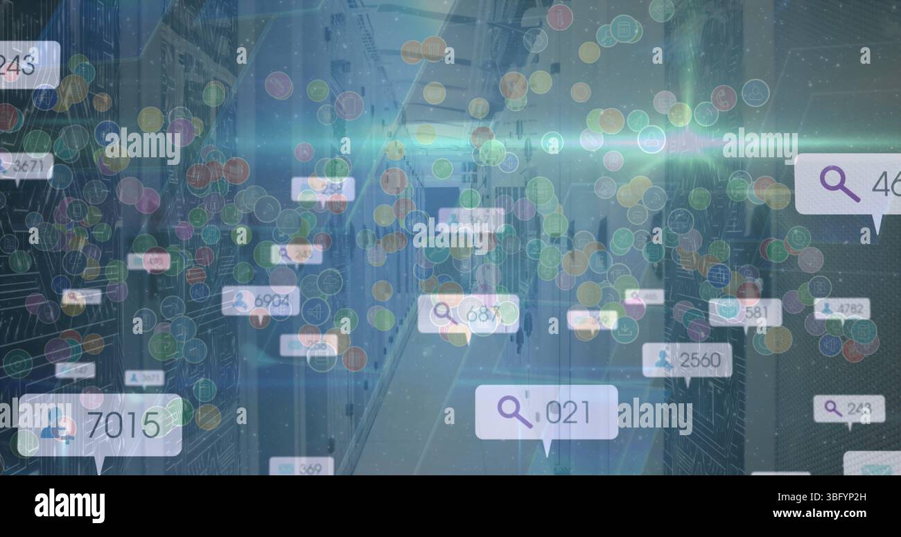 Image of social media reaction and tech icons over servers Stock Photo ...