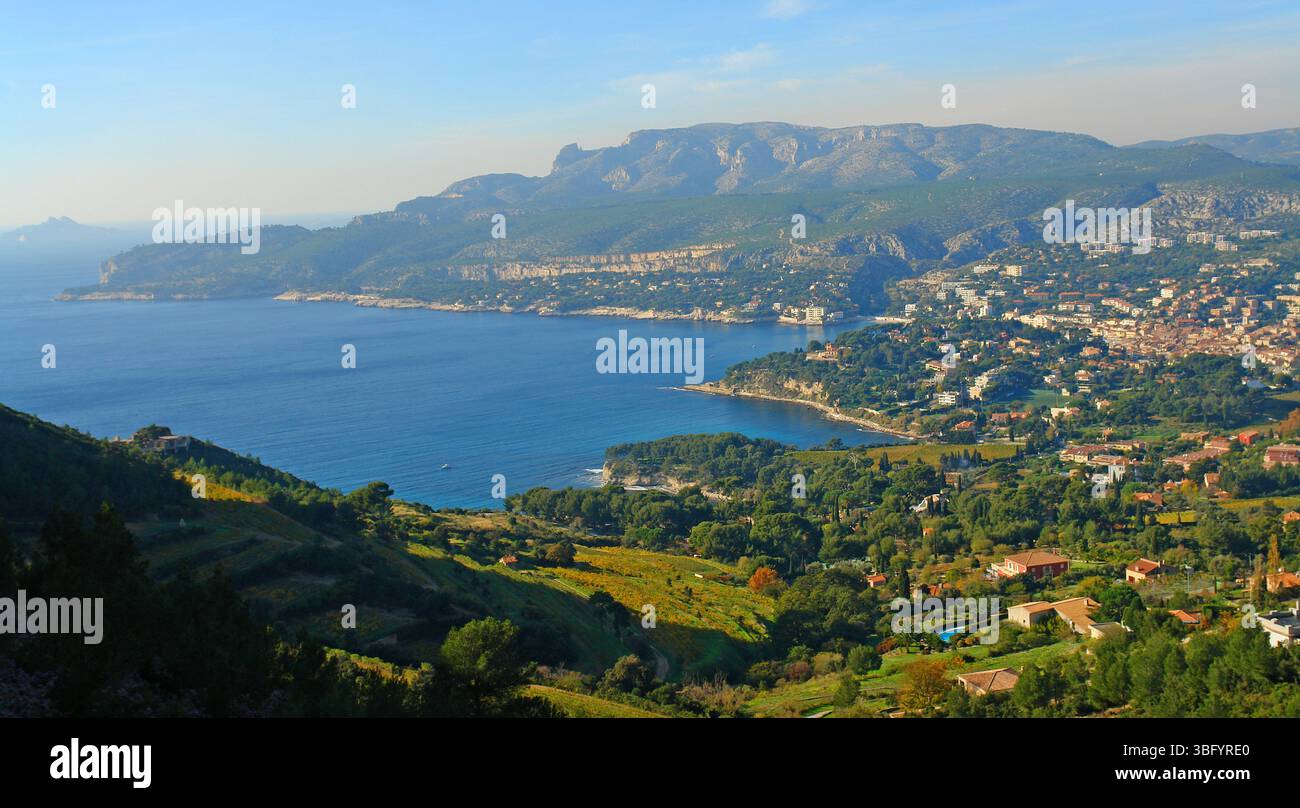 Cassis harbor from the ridges With vineyards producing a renowned white ...