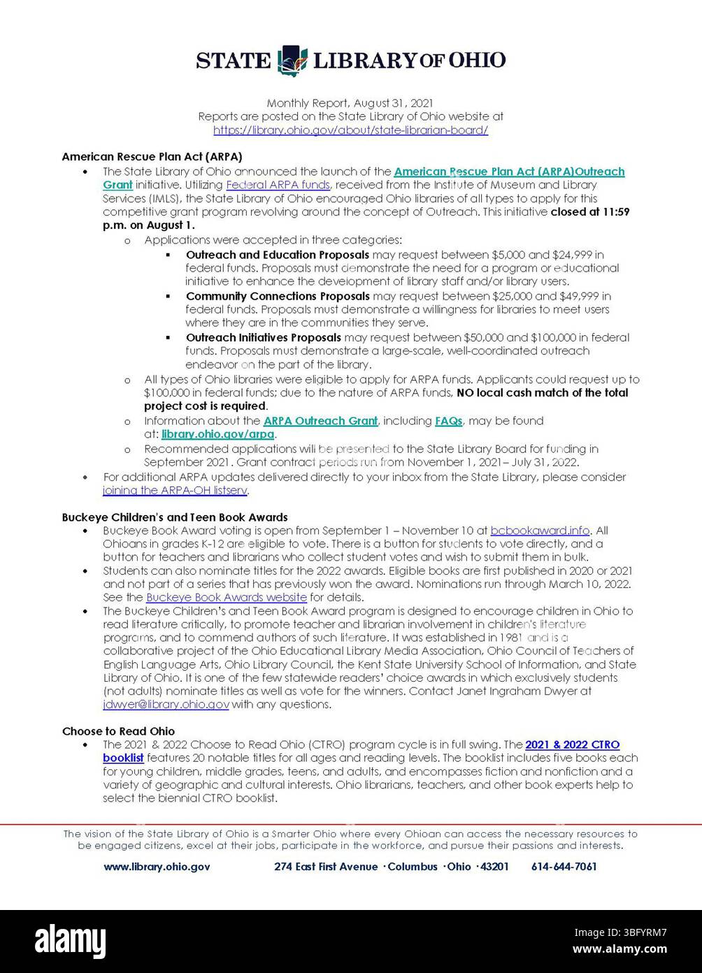 The State Library of Ohio monthly report details the library's ...