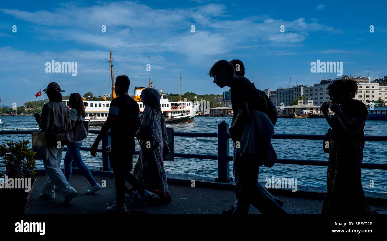 People walking on the Galata Bridge - lower level, Eminonu, Istanbul ...