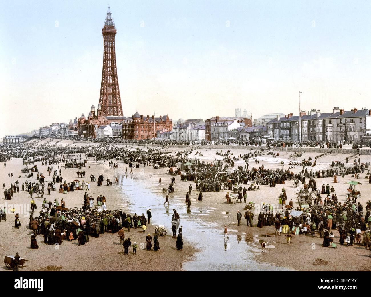 Blackpool beach and pier 19th century 1800s colourised photograph Stock ...