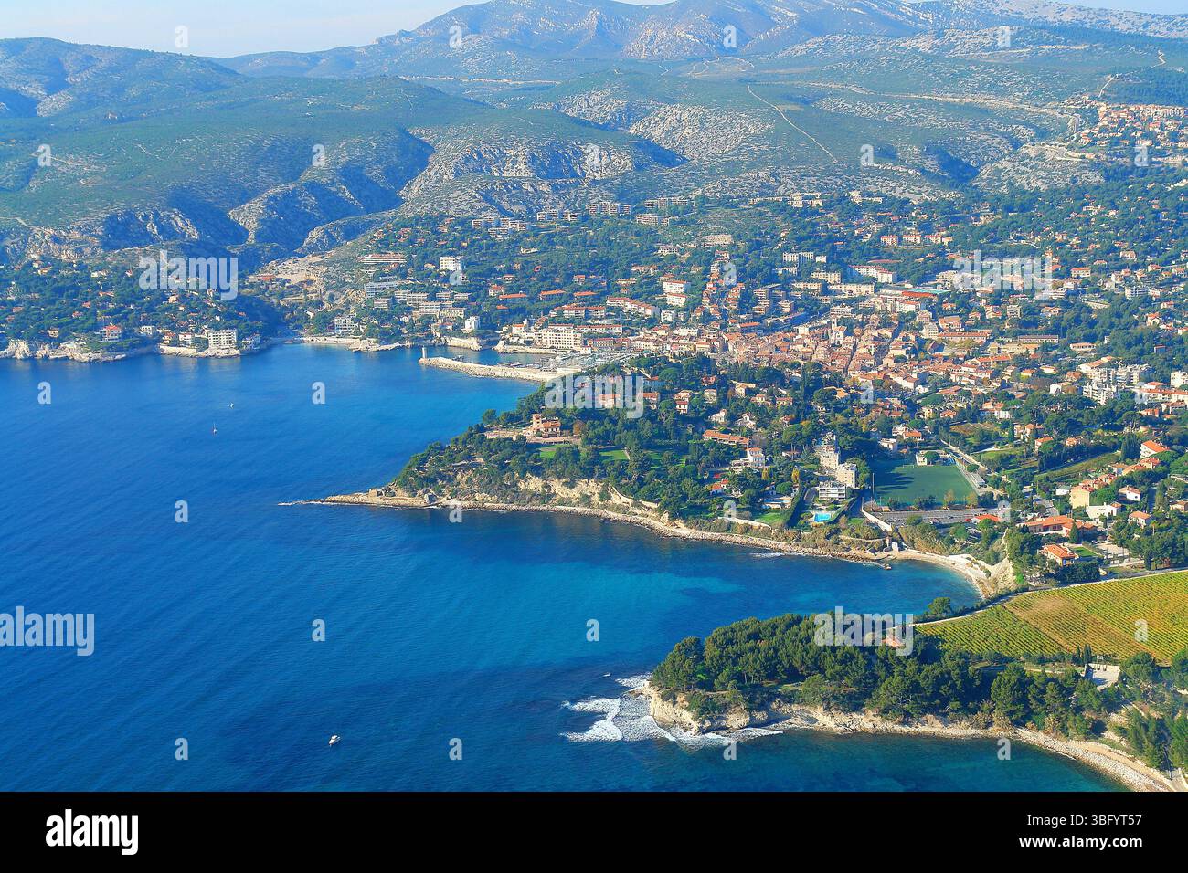 Cassis harbor from the ridges With vineyards producing a renowned white ...