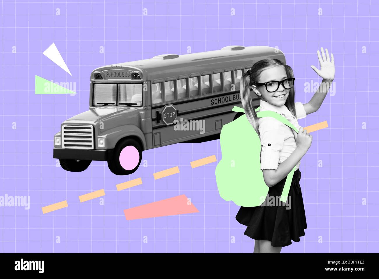 Creative trend artwork design 3D collage of school bus transport young ...