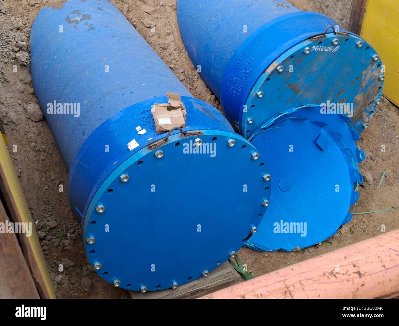 Blind flanges on two adjacent 1200mm water pipes in the construction ...