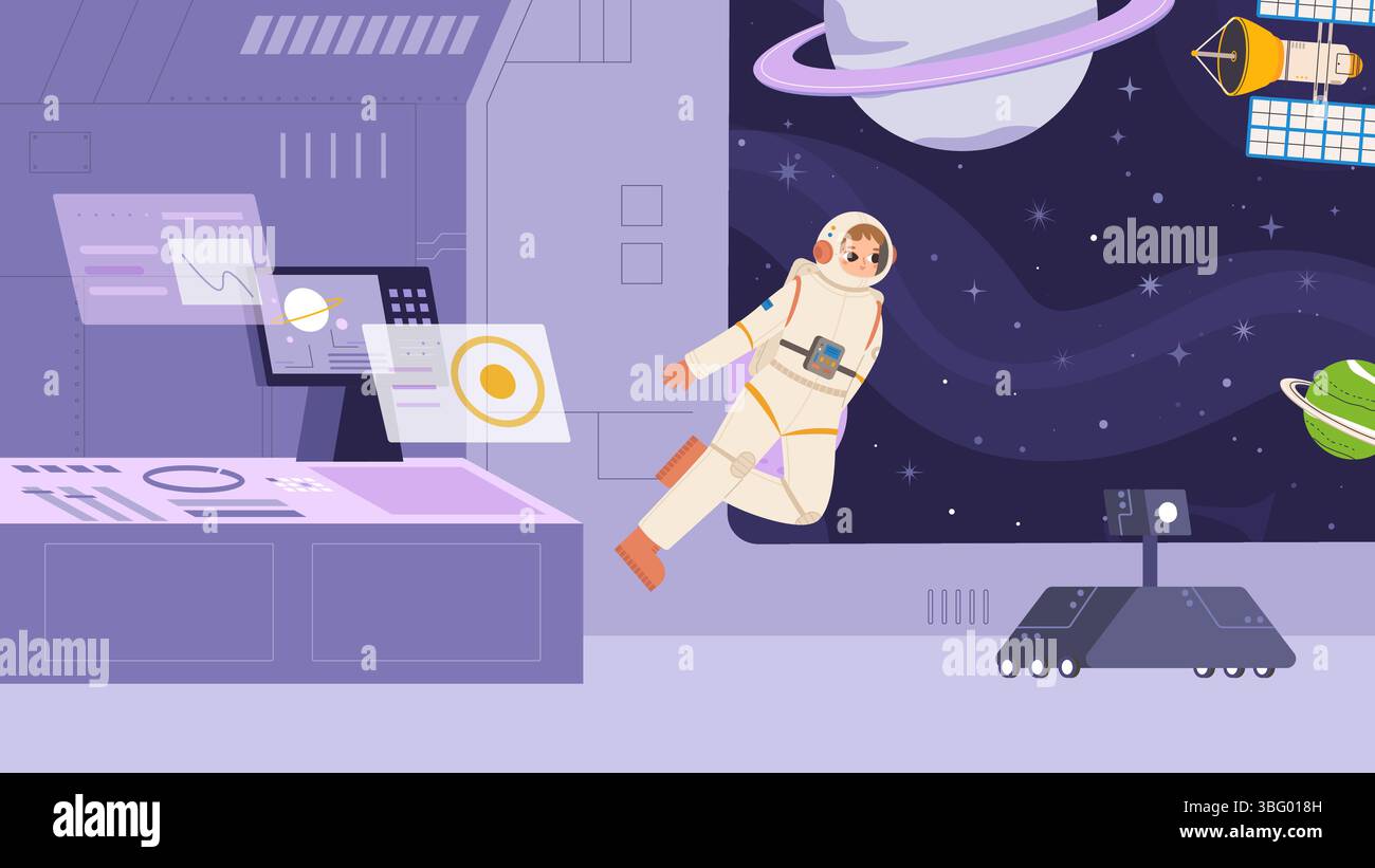 Astronaut in spacesuit flying in spaceship. Workplace on ship, space exploration, zero gravity ...