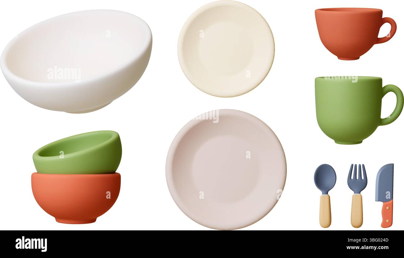 Crockery 3d. Empty white bowl, plates, cups for tea, coffee, cacao ...
