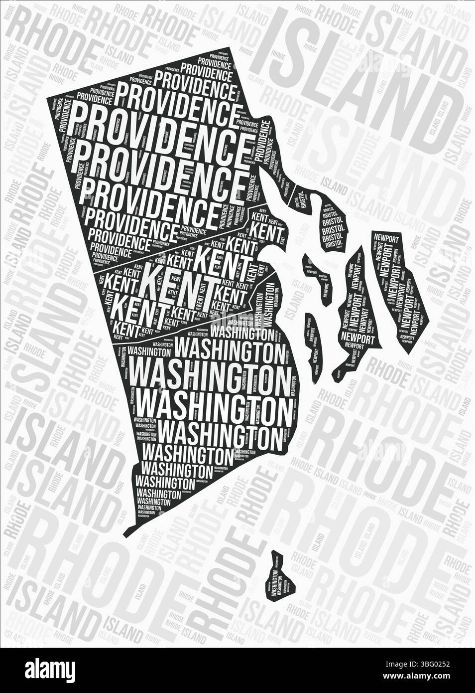 Rhode Island counties map word cloud. Rhode Island region names. Black and white map design ...