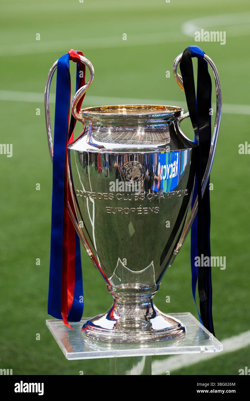 The trophy is seen on a plinth prior to the UEFA Champions League final ...