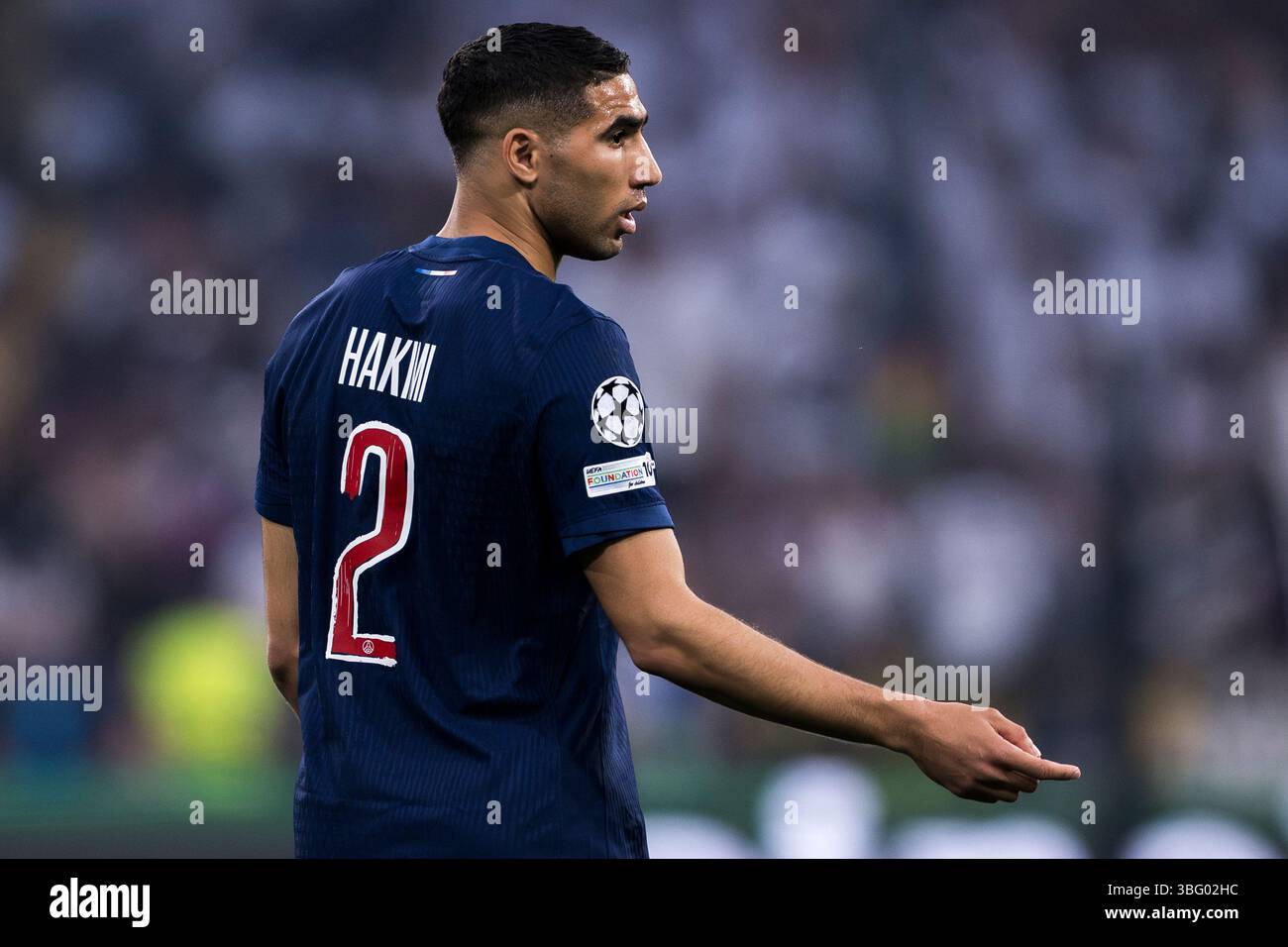 Achraf Hakimi of Paris Saint-Germain gestures during the UEFA Champions ...