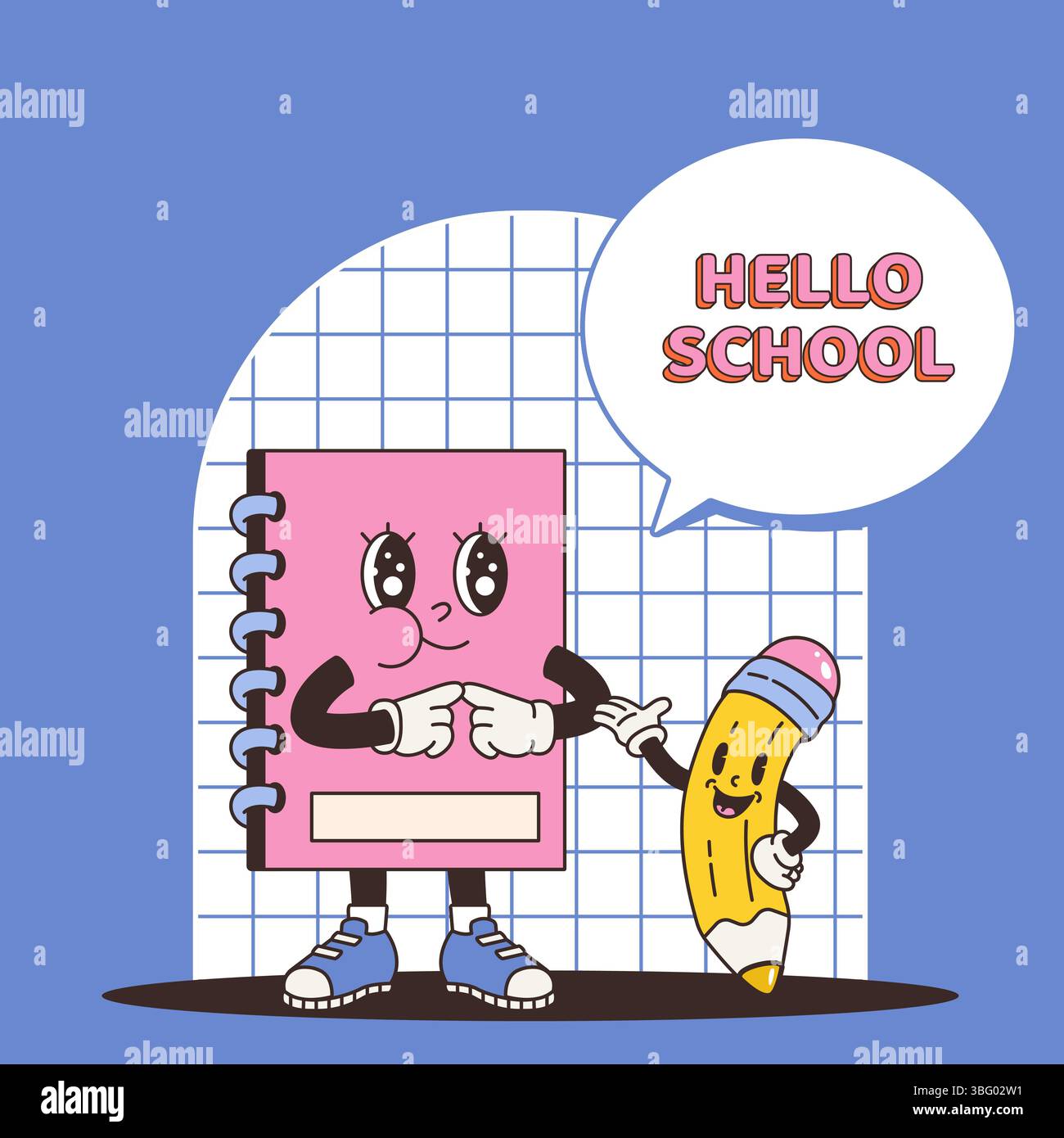 Back to school poster with groovy characters. Retro style notebook and pencil. Funny office ...