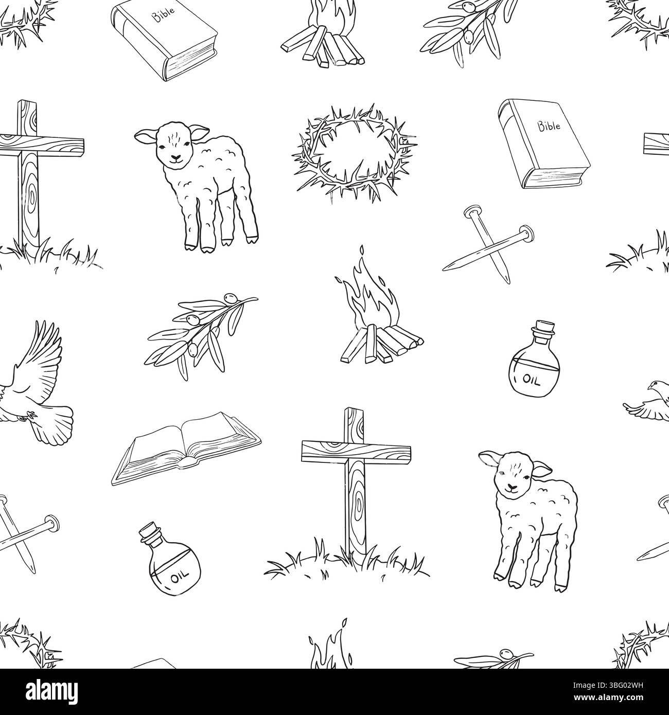 Christian Line Symbols Sketch, Religion Hand Drawn Art, Biblical symbols doodle. Vector ...