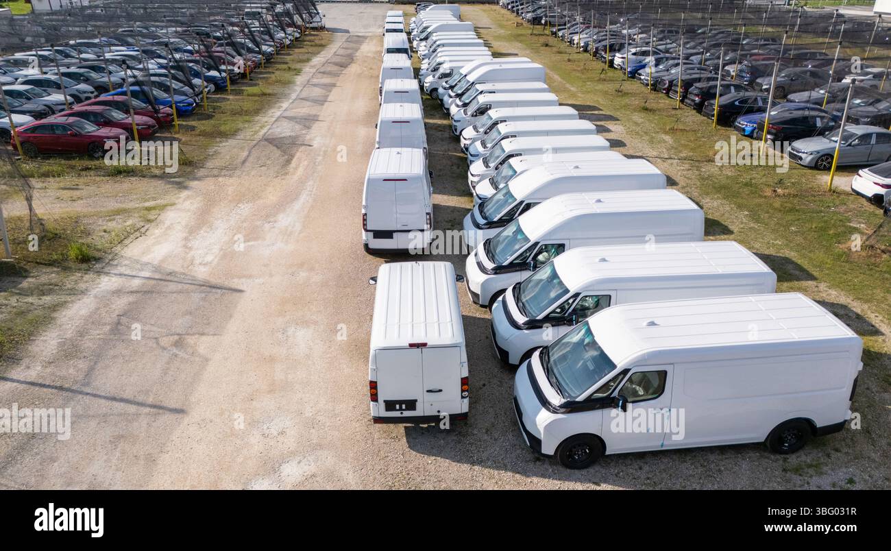 Aerial view of a new delivery vans parking lot at a logistics hub Stock ...
