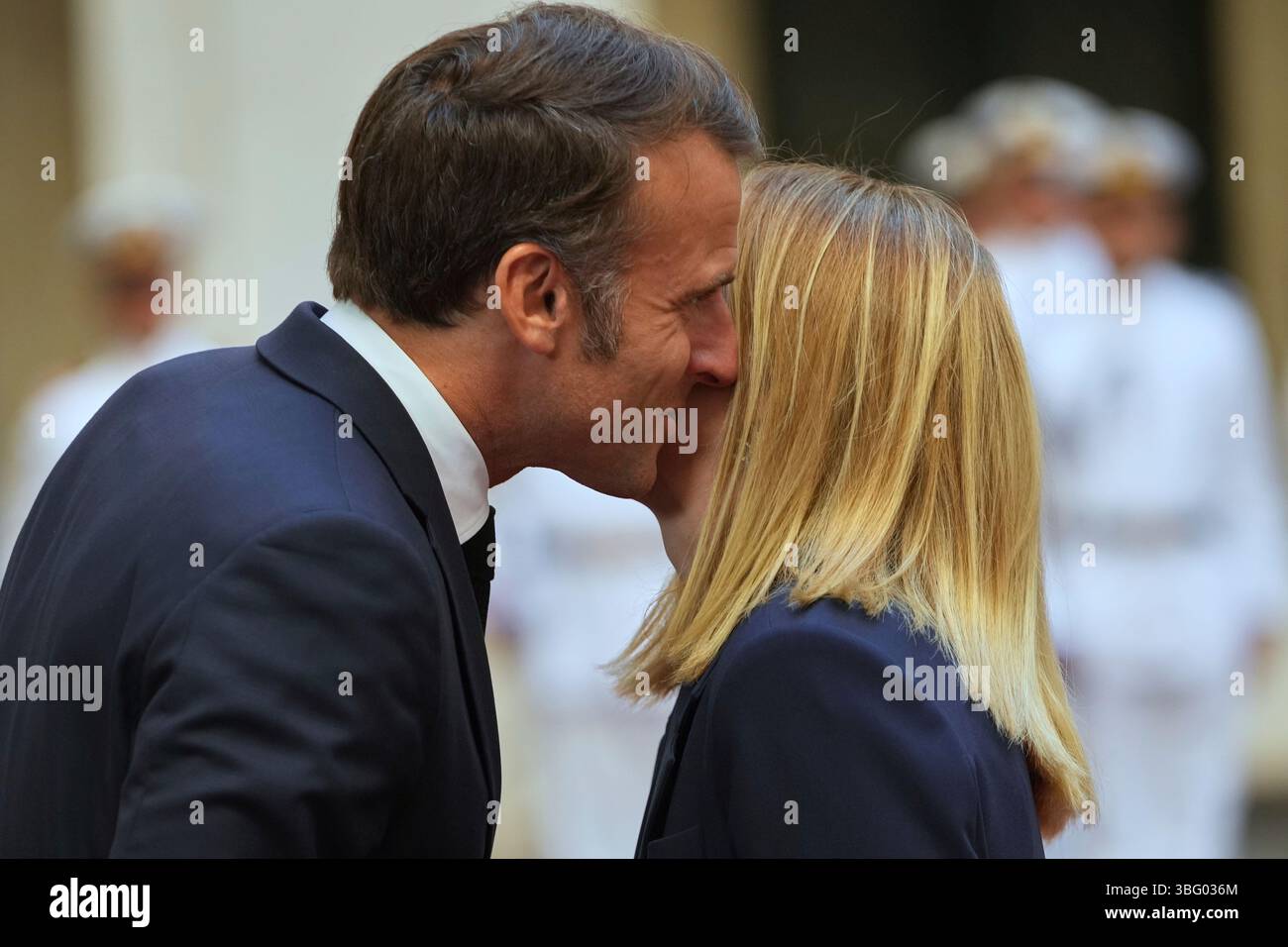 French President Emmanuel Macron and Italian Prime Minister Giorgia Meloni, right, meet at ...