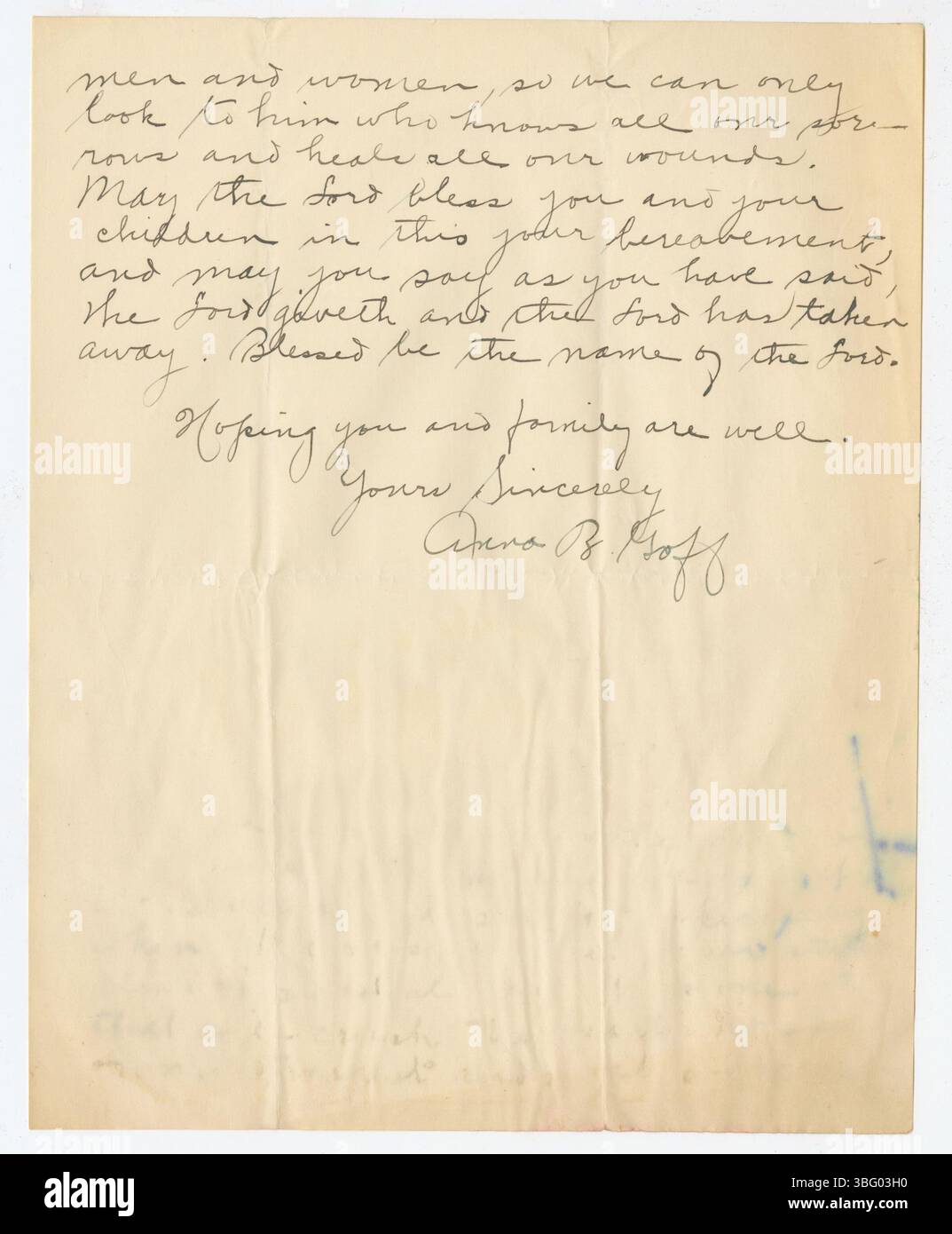 This letter, written by Anna B. Goff to Reverend J.H. Burks, is a ...