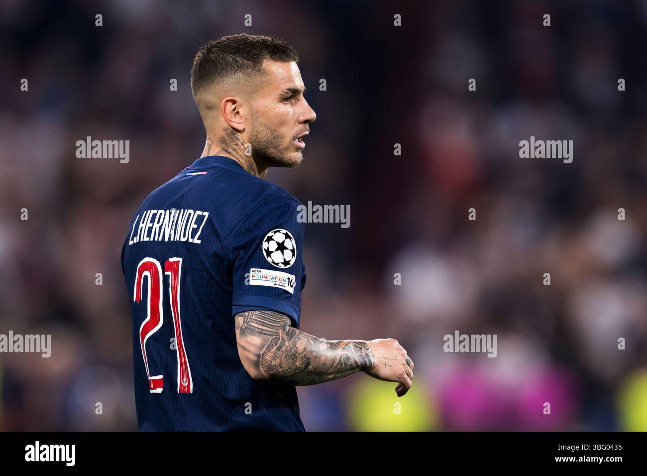 Lucas Hernandez of Paris Saint-Germain looks on during the UEFA ...