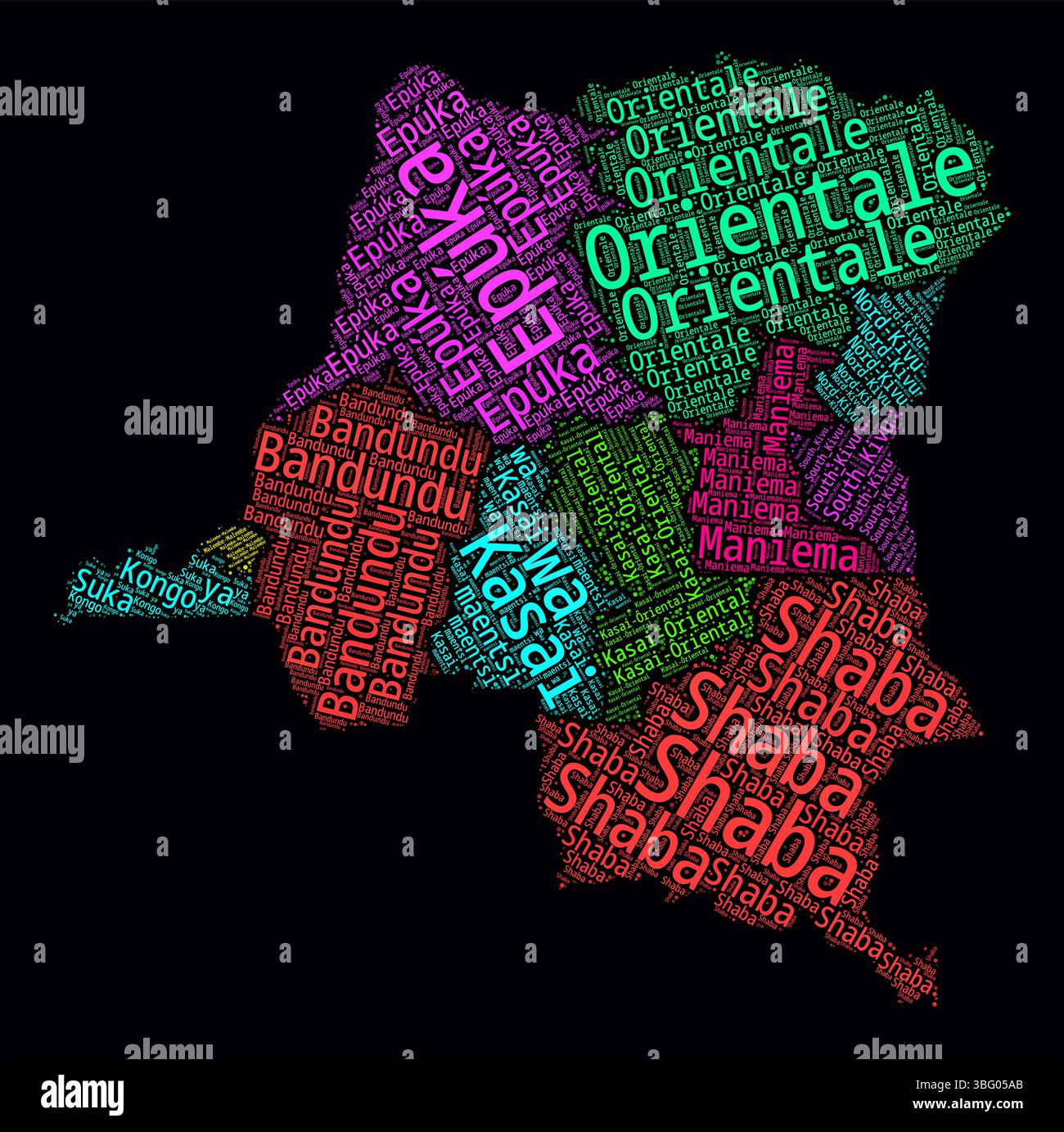 Democratic Republic of the Congo Regions Word Clouds. Bright neon style ...