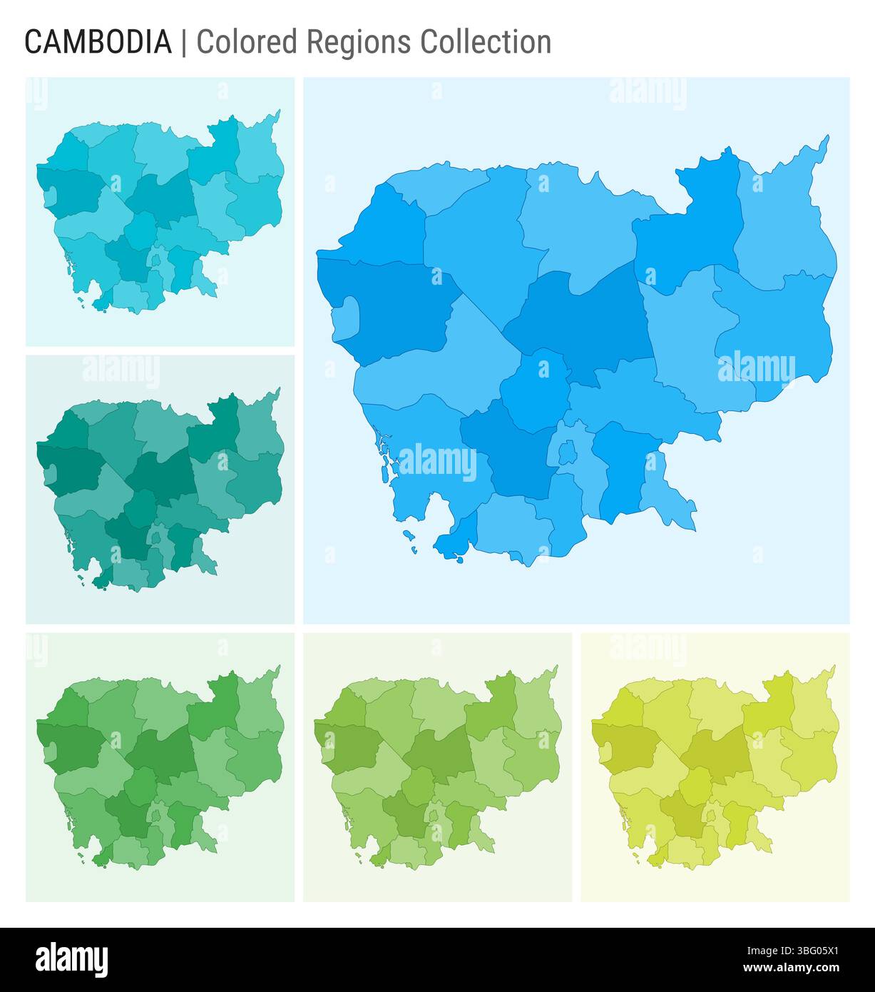 Cambodia map collection. Country shape with colored regions. Light Blue ...