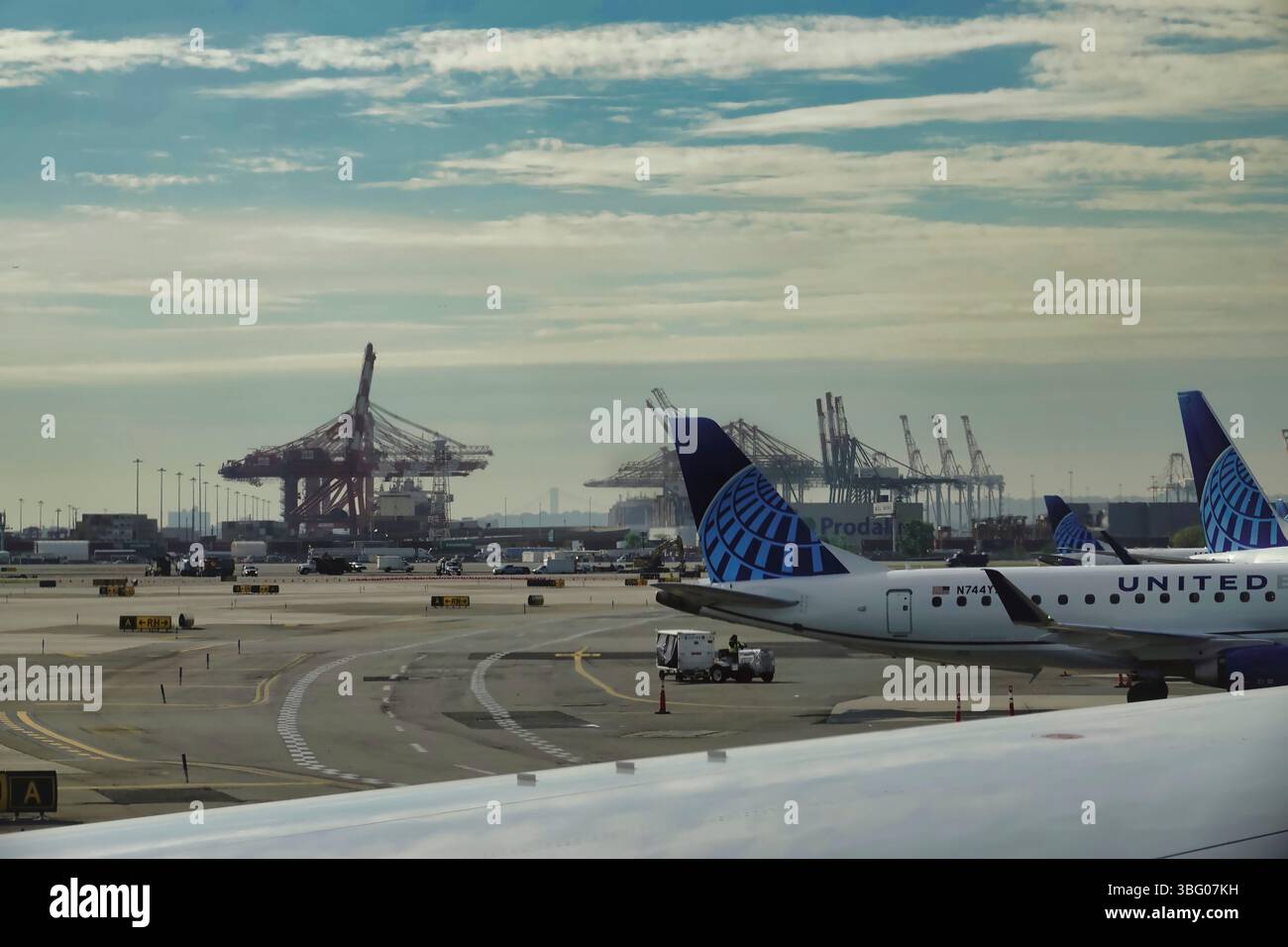 Port Newark Container Terminal, seen from taxiing aircraft at Newark ...
