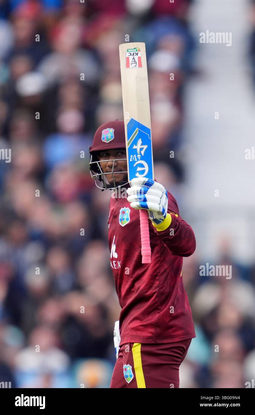 West Indies' Gudakesh Motie celebrates his 50 during the Third Men's ...
