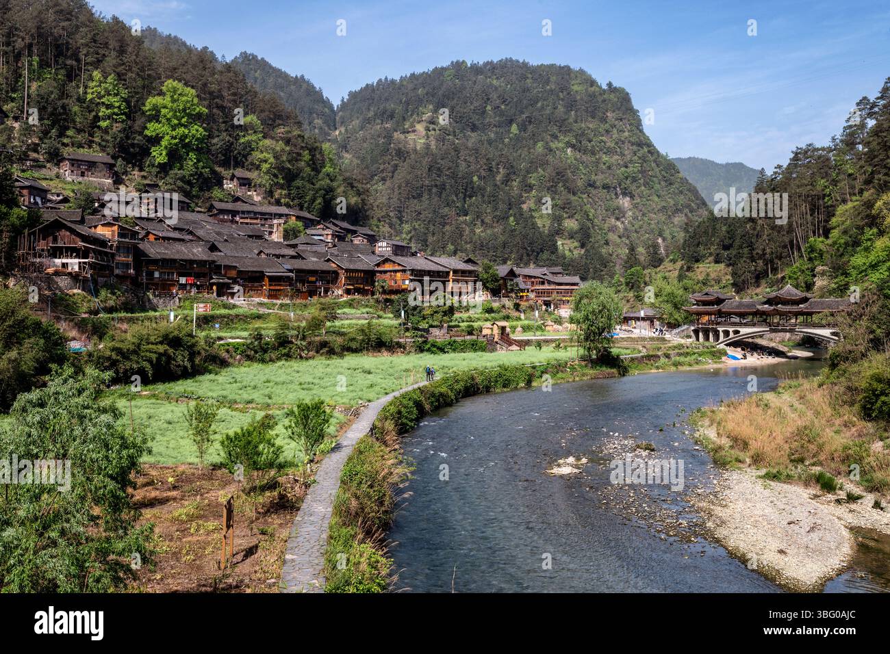 A view of Langde Miao village and Bala River Stock Photo - Alamy