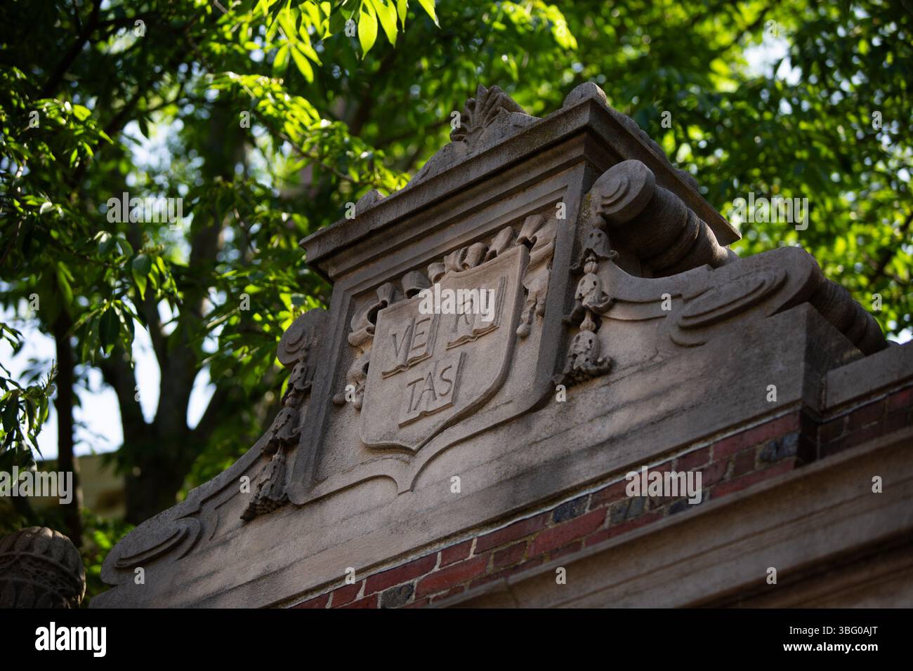 Boston, USA. 03rd June, 2025. Harvard Veritas Shield logo outside the ...