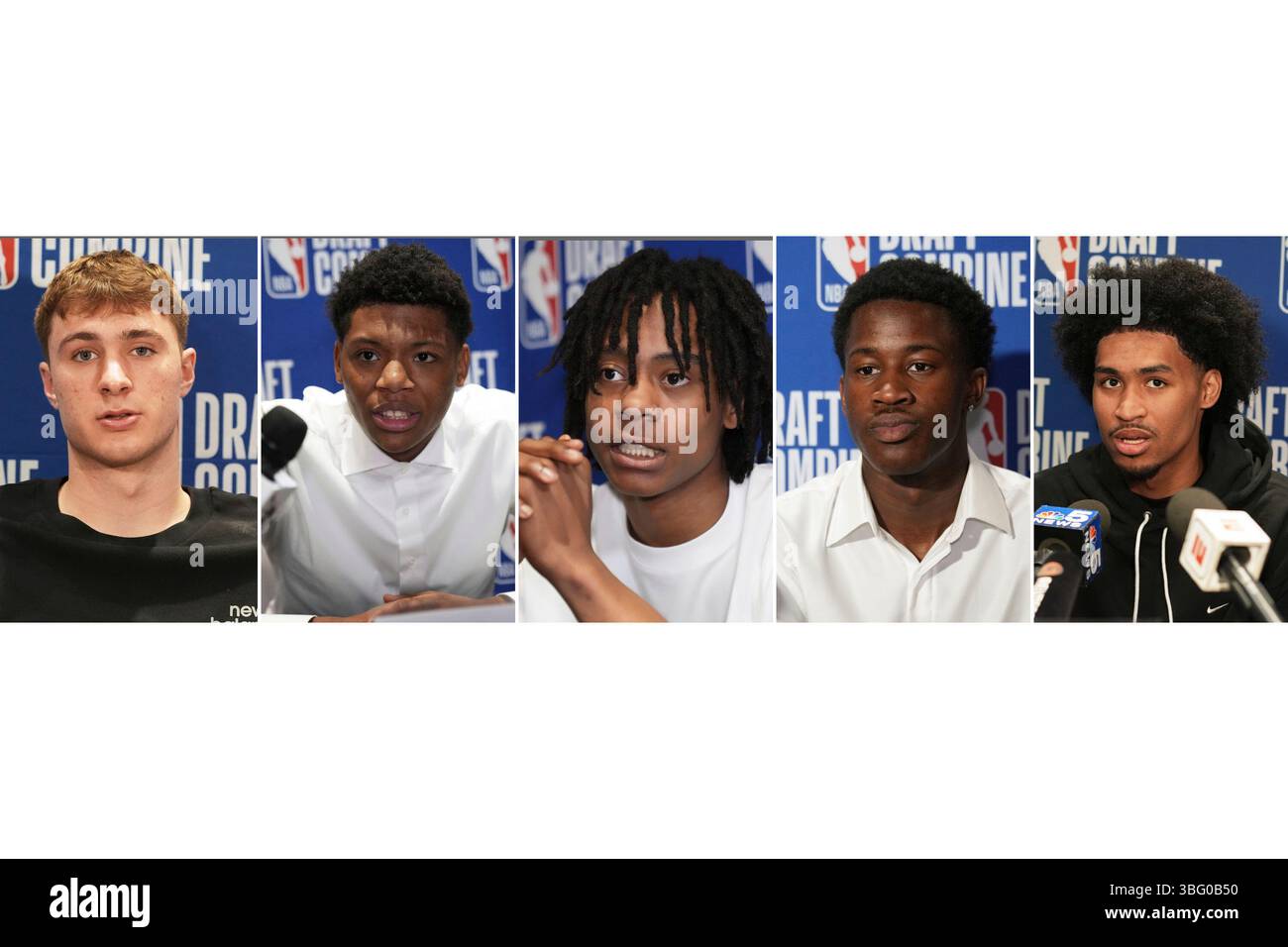 This photo combo shows, from left, Cooper Flagg, Ace Bailey, Tre Johnson, VJ Edgecombe Jr. and ...