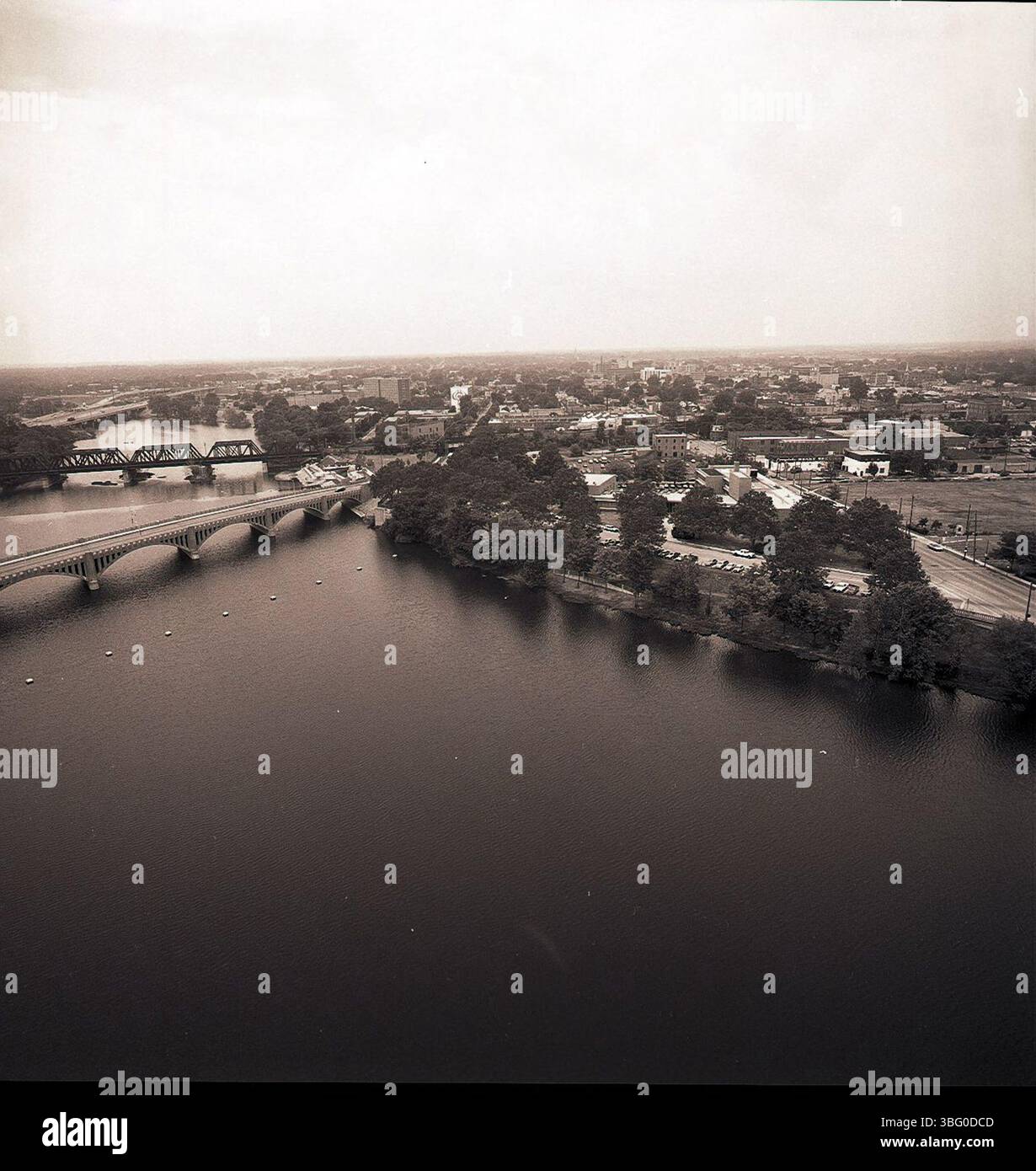 This 1984 aerial photograph shows a view of Columbus, Ohio, looking ...
