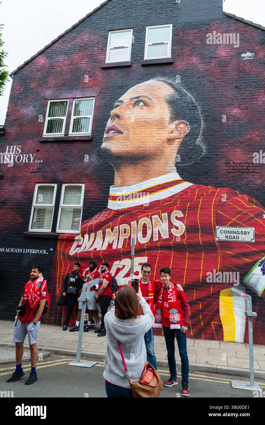 Virgil Van Dijk Mural, graffiti wall art, depicted wearing a champions ...