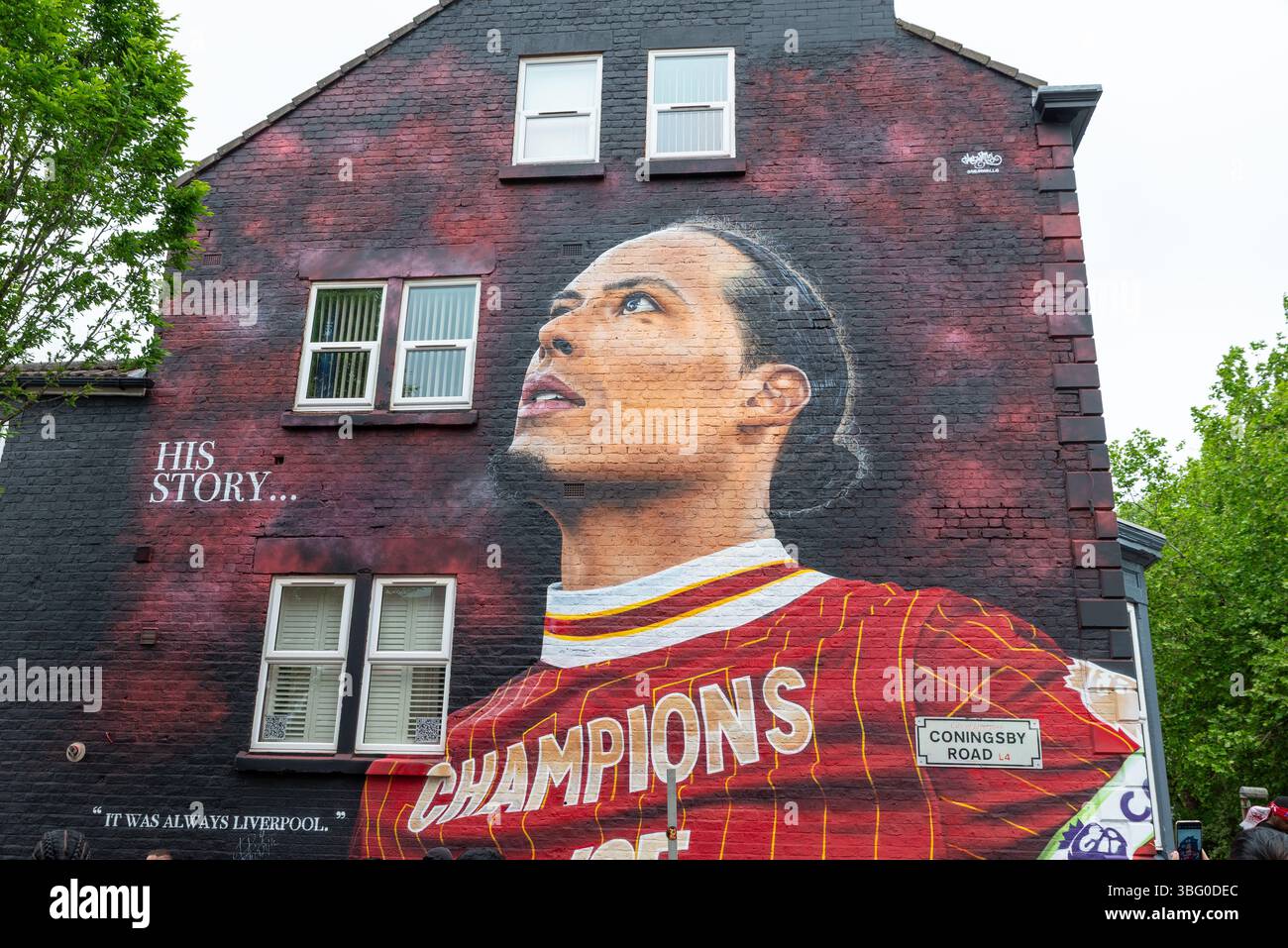 Virgil Van Dijk Mural, graffiti wall art, depicted wearing a champions ...