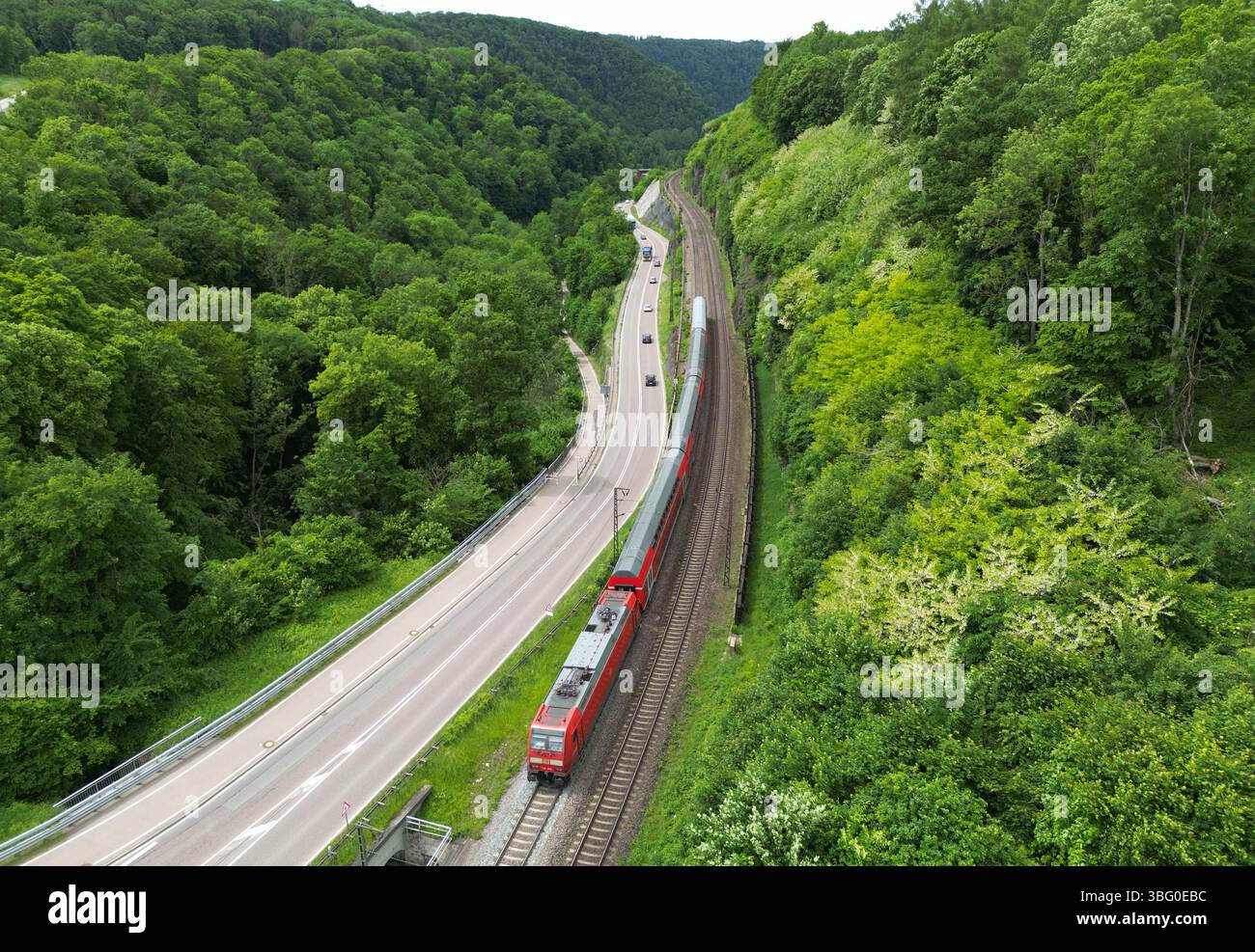 Geislingen, Germany. 03rd June, 2025. A train travels on the Geislinger ...