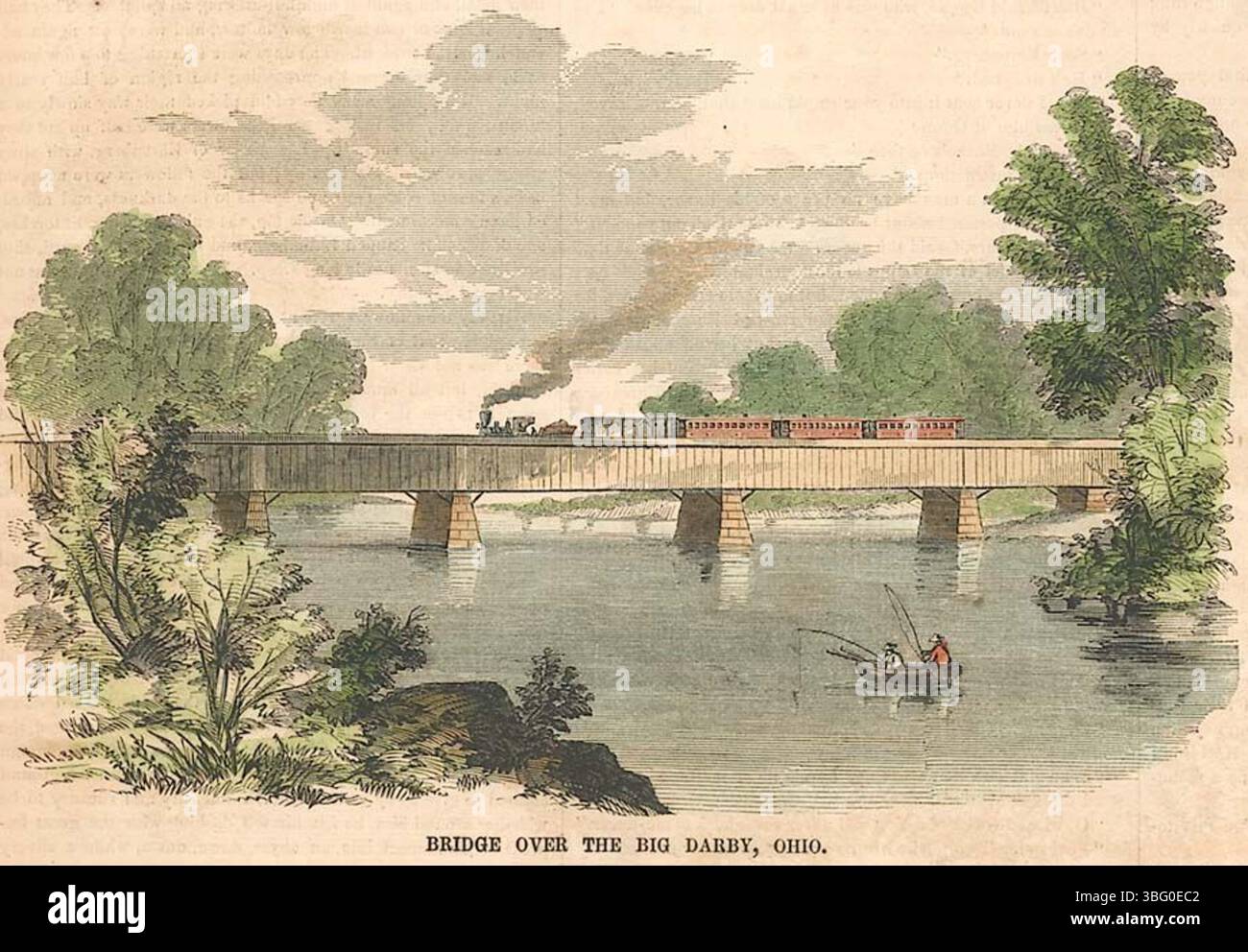 An 1857 illustration depicting the Columbus & Xenia Railroad bridge ...