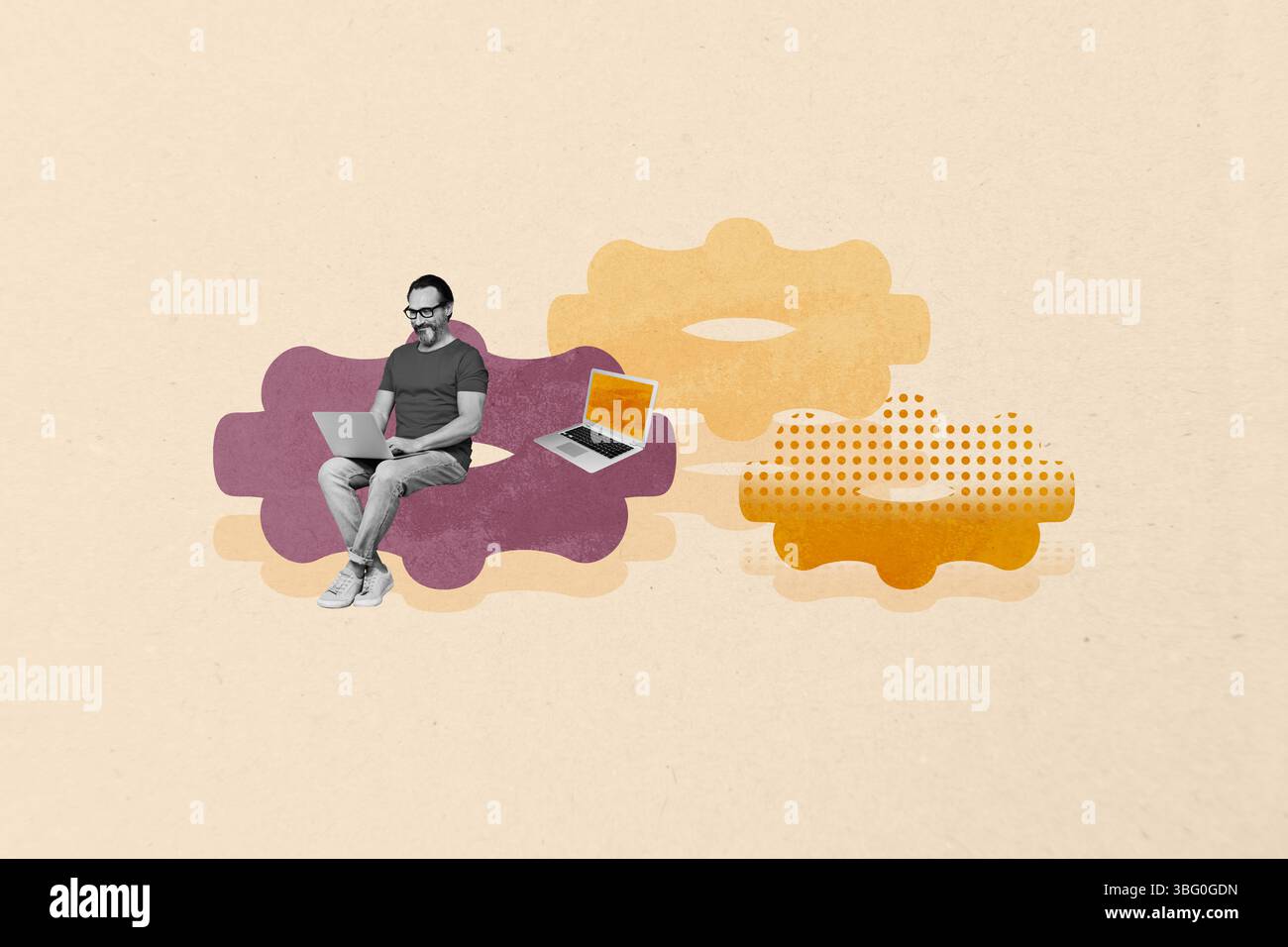 Collage of person working with gears symbolizing teamwork development ...