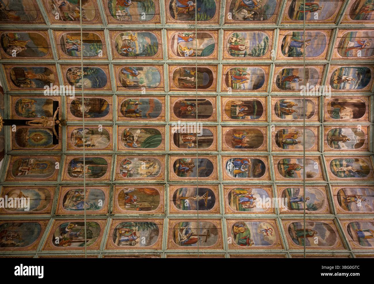 Interior view, church ceiling, wooden ceiling with New Testament scenes ...