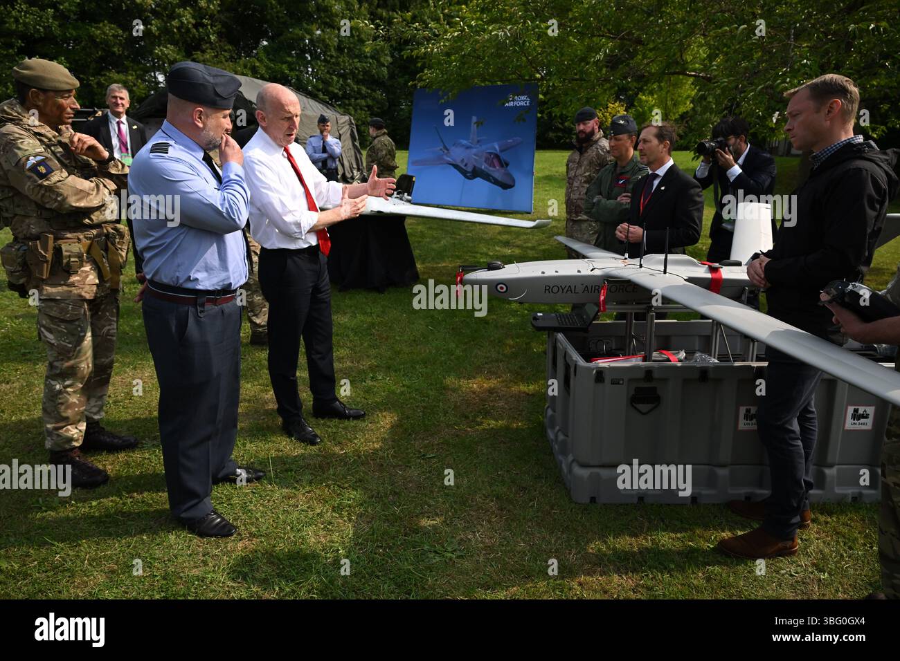Defence Secretary John Healey looks at the Storm Shroud AR3 system as ...